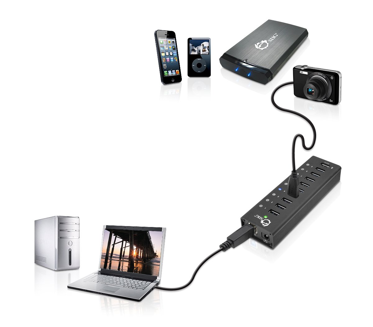 SIIG 10 Port USB Hub with 9 USB 3.0 Data ports and 1 charging port, 12V/5A Power Adapter, for Tablets, Smartphones, Hard Disk