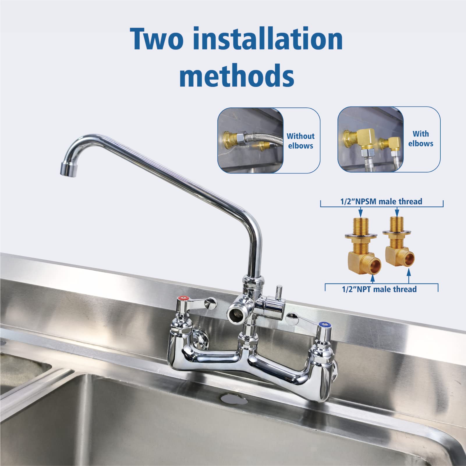 MaxSen Commercial Sink Faucet Wall Mount 8 Inch Adjustable Center with 3/4'' Gargen Hose End,Commercial Kitchen Faucet with 12" Swivel Spout fit for 1,2,3 Restraurant Compartment Sink.