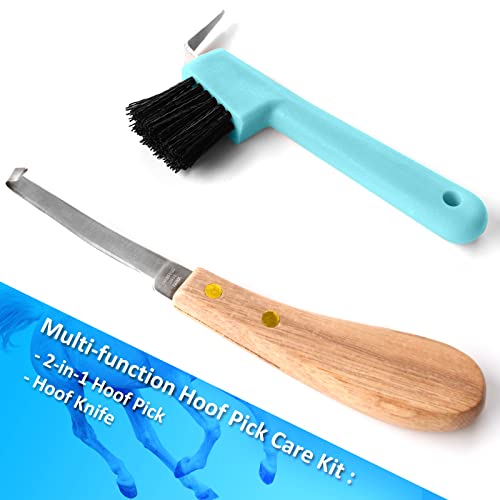 Horse Grooming Kit Blue Tote - 9pcs Horse Care Kit with Multi-Function Brushes & Curry Combs, Sweat Scraper, Hoof Pick, Hoof Knife for Horse Kit Horse Cleaning Tool Set Equine Grooming Portable