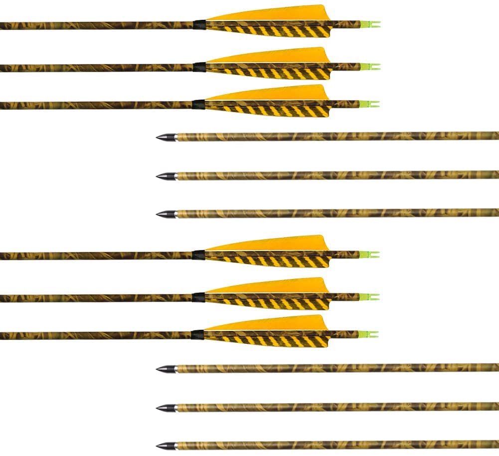 ARCHERY SHARLY 31Inch Carbon Arrow Practice Hunting Arrows for Recurve & Compound Bow with 5" Yellow Camo Turkey Feathers, Arrows with Removable Tips & replaceable nocks (Pack of 12)