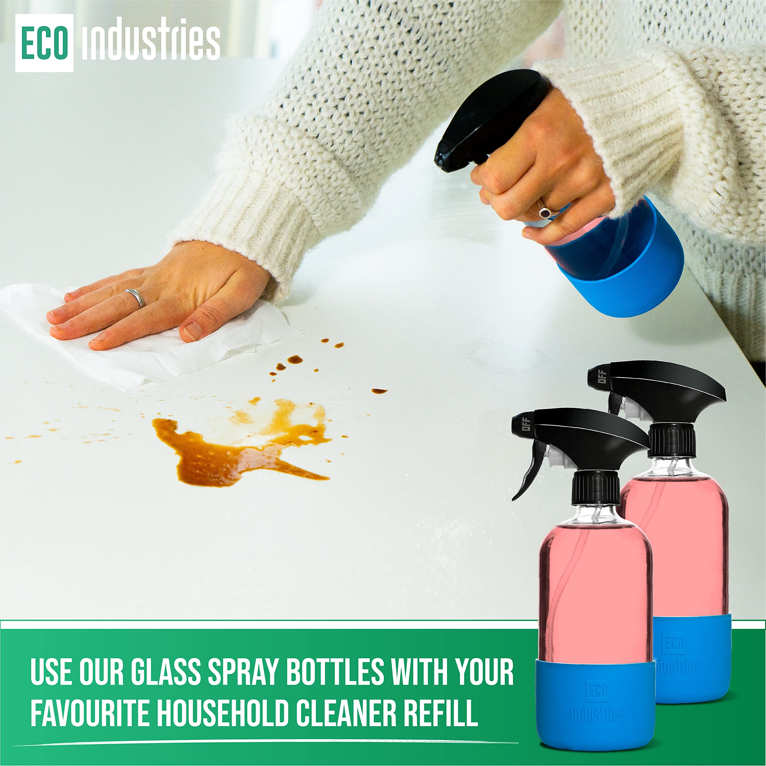 Eco Industries Glass Cleaning Spray Bottle x5 16oz | Refillable Spray Bottle With Premium Trigger Head & Silicone Sleeve Protection | Cleaning Spray Bottle For Essential Oils, Plants, Cleaning