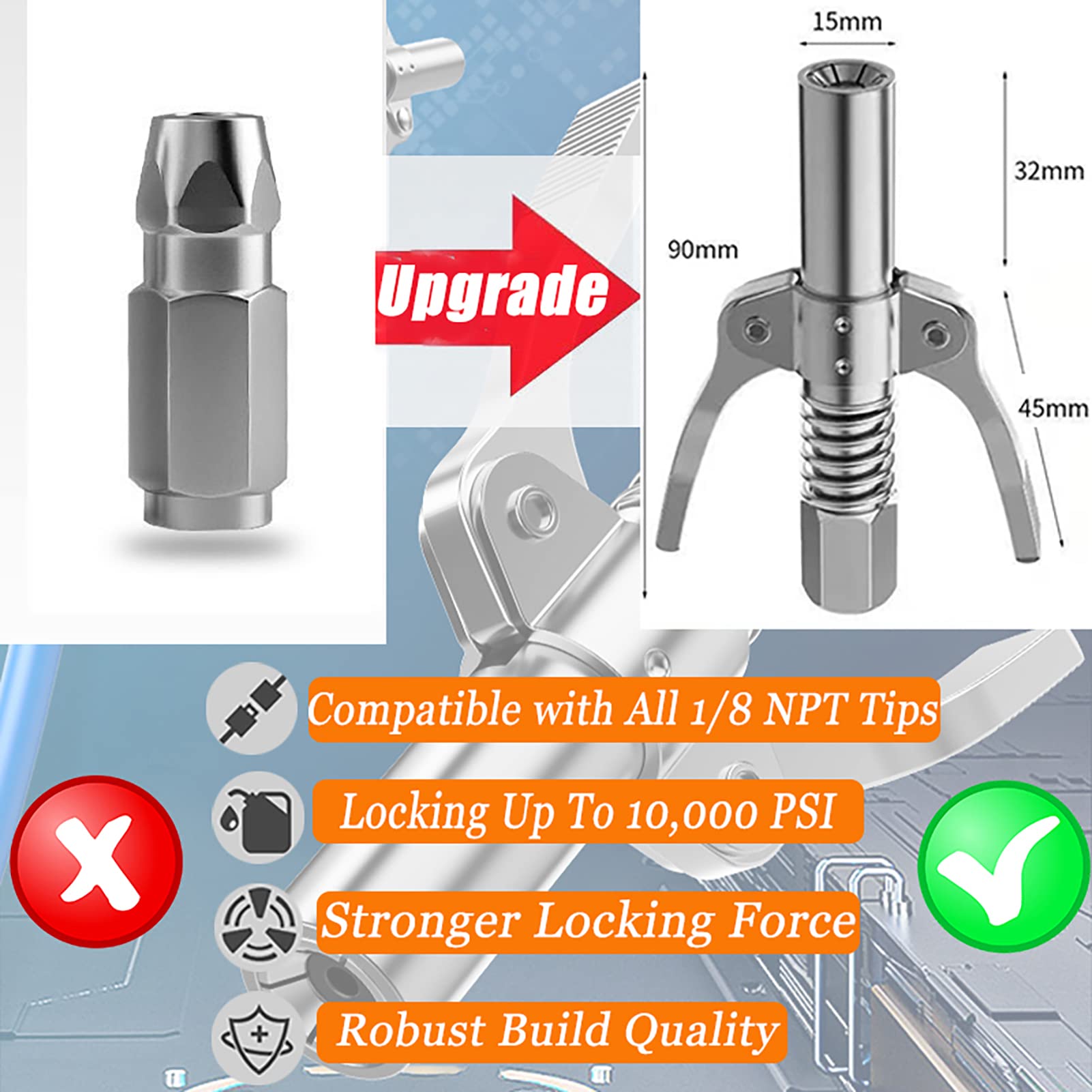 FACITE Grease Gun Coupler Grease Gun Tip Quick Lock and Release Lube Grease Gun Fittings Grease Nozzle Coupler Upgraded to 12000 Psi,Compatible with All Grease Guns 1/8" Npt