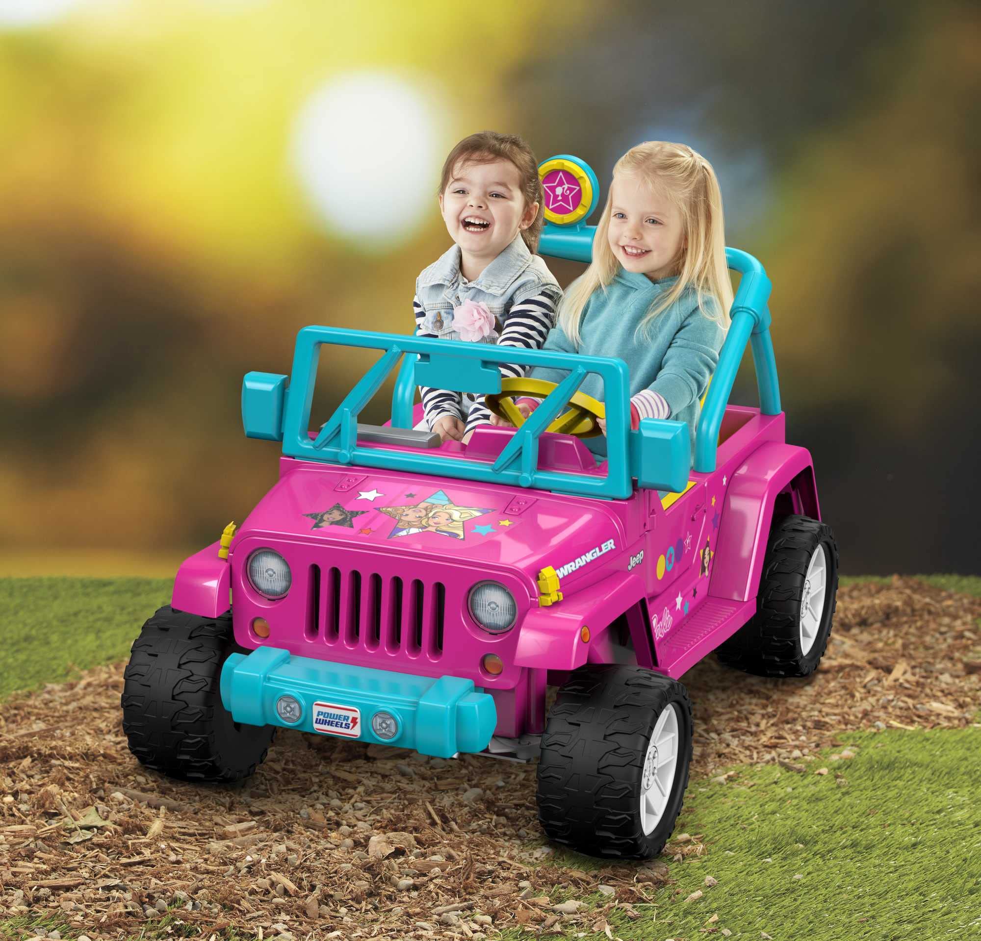 Fisher-Price Power Wheels Battery Powered Barbie Jeep Wrangler Car with Steering Wheel, Music Playing Radio, Roll Bar, and Power Lock Brakes