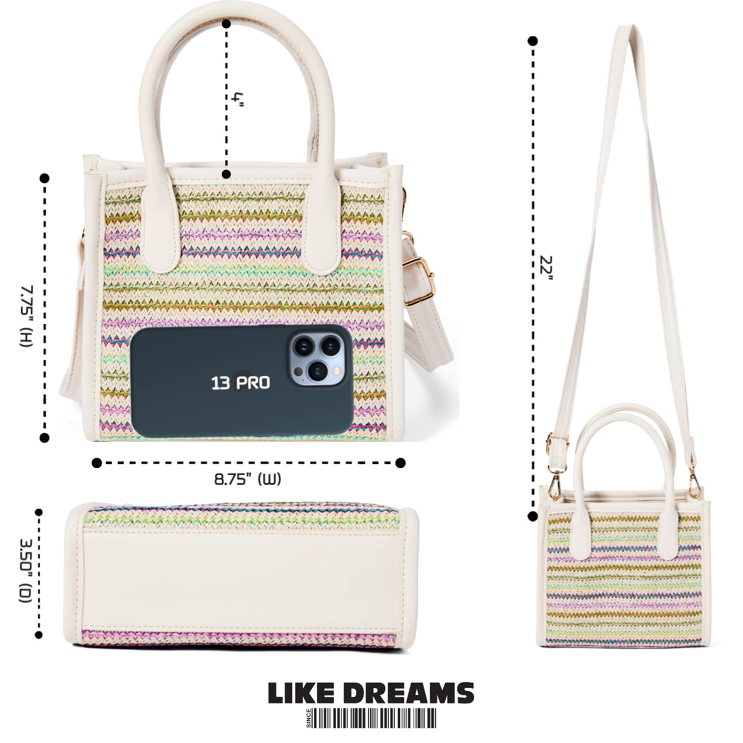 Like Dreams Women Fashion Crossbody Woven Straw Inner Polka Vegan Leather Summer Top Handle Purse (Ivory)