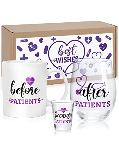 Levfla Before Patients After Patients Set Nursing Gifts 11 oz Coffee Mug 18 oz Stemless Wine Glass 2 oz Shot Glass for Doctor's Day Pediatrician Physician Graduation Birthday Nurse Week Gifts (Purple)