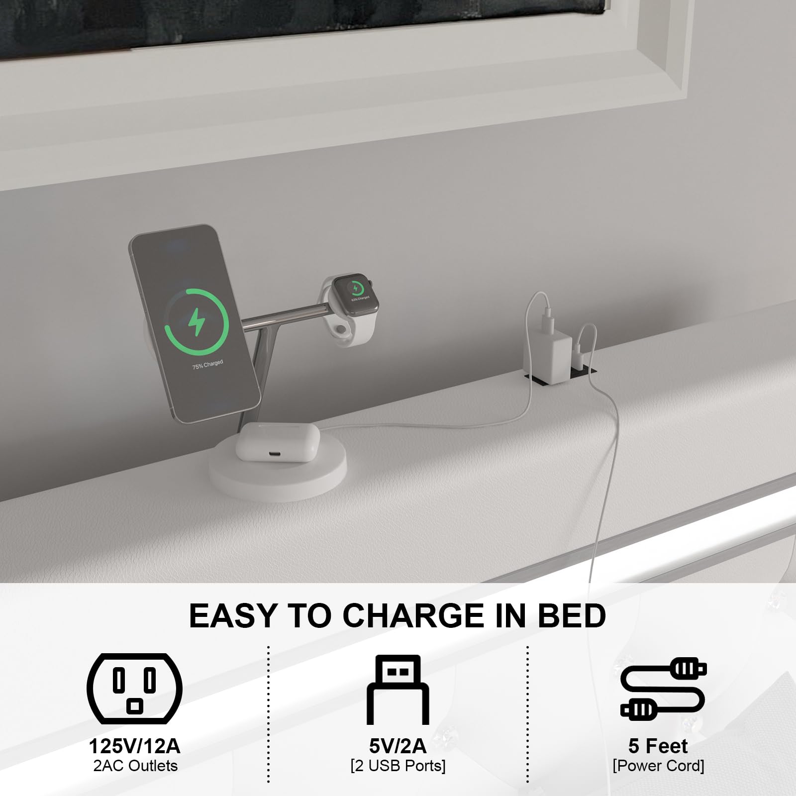 Benevika Full Size Bed Frame with LED Lights, Upholstered Platform Bed Frame, Adjustable Headboard with Charging Station, Wooden Slats Support, Easy Assembly, No Box Spring Needed, White