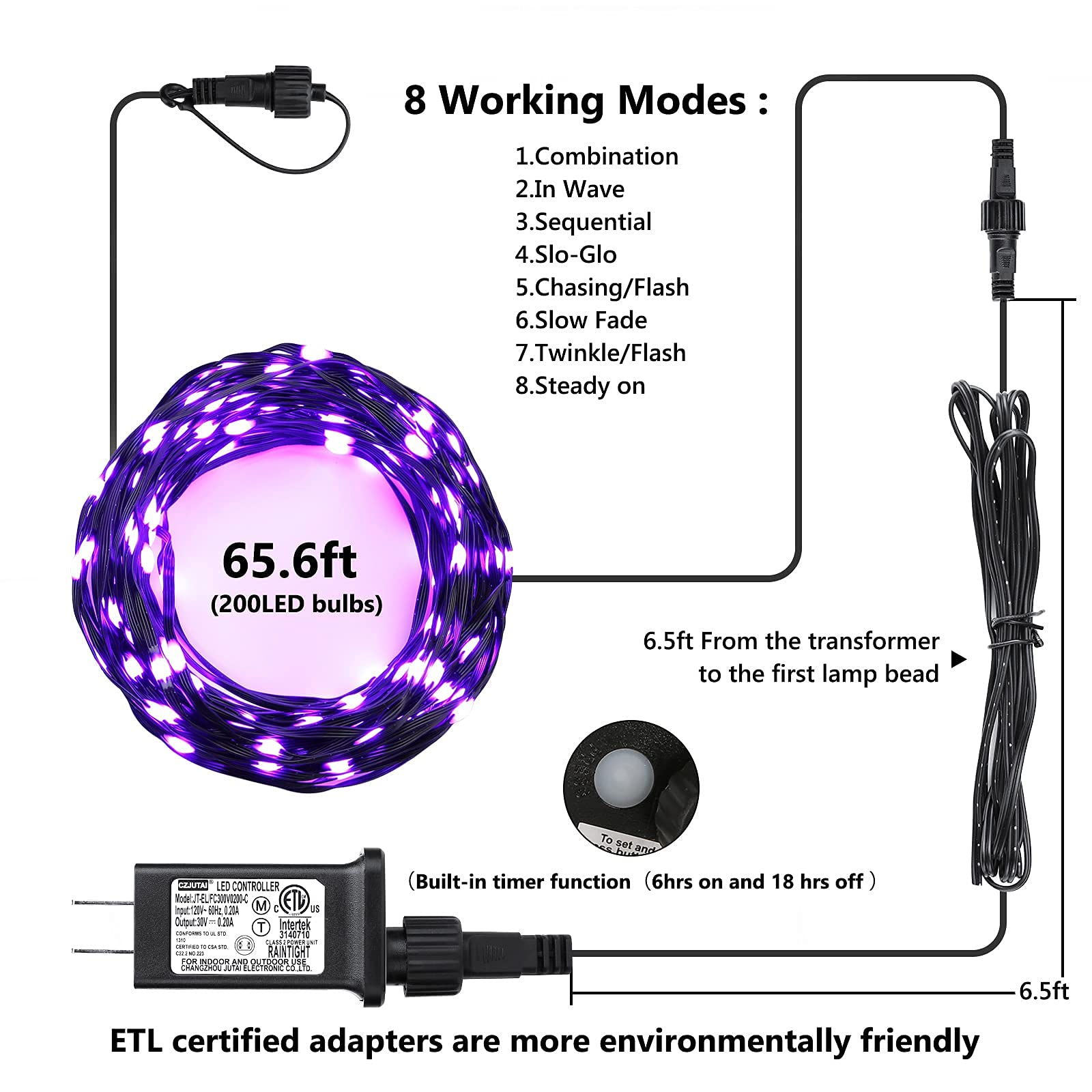 Joomer Purple Halloween Lights, 66ft 200 LED Halloween Light Plug In Timer Indoor Outdoor Fairy Twinkle Tree Light Waterproof 8 Modes for Home Halloween Decorations