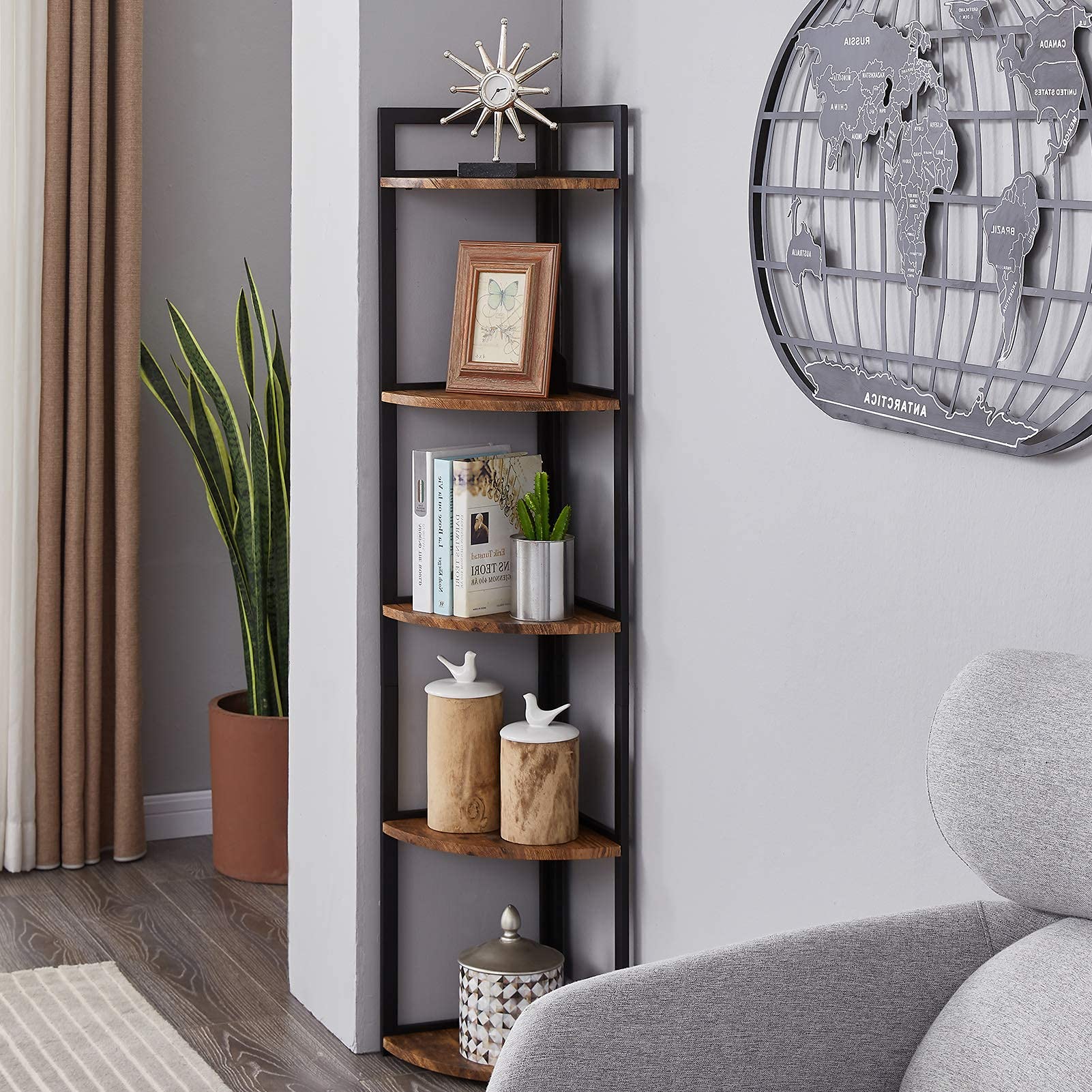 SUPERJARE Corner Shelf, Industrial 5-Tier Wall Corner Bookshelf with Metal Frame, Corner Shelf Stand Display Plant Flower, Corner Bookcase for Home, Office, Kitchen - Rustic Brown