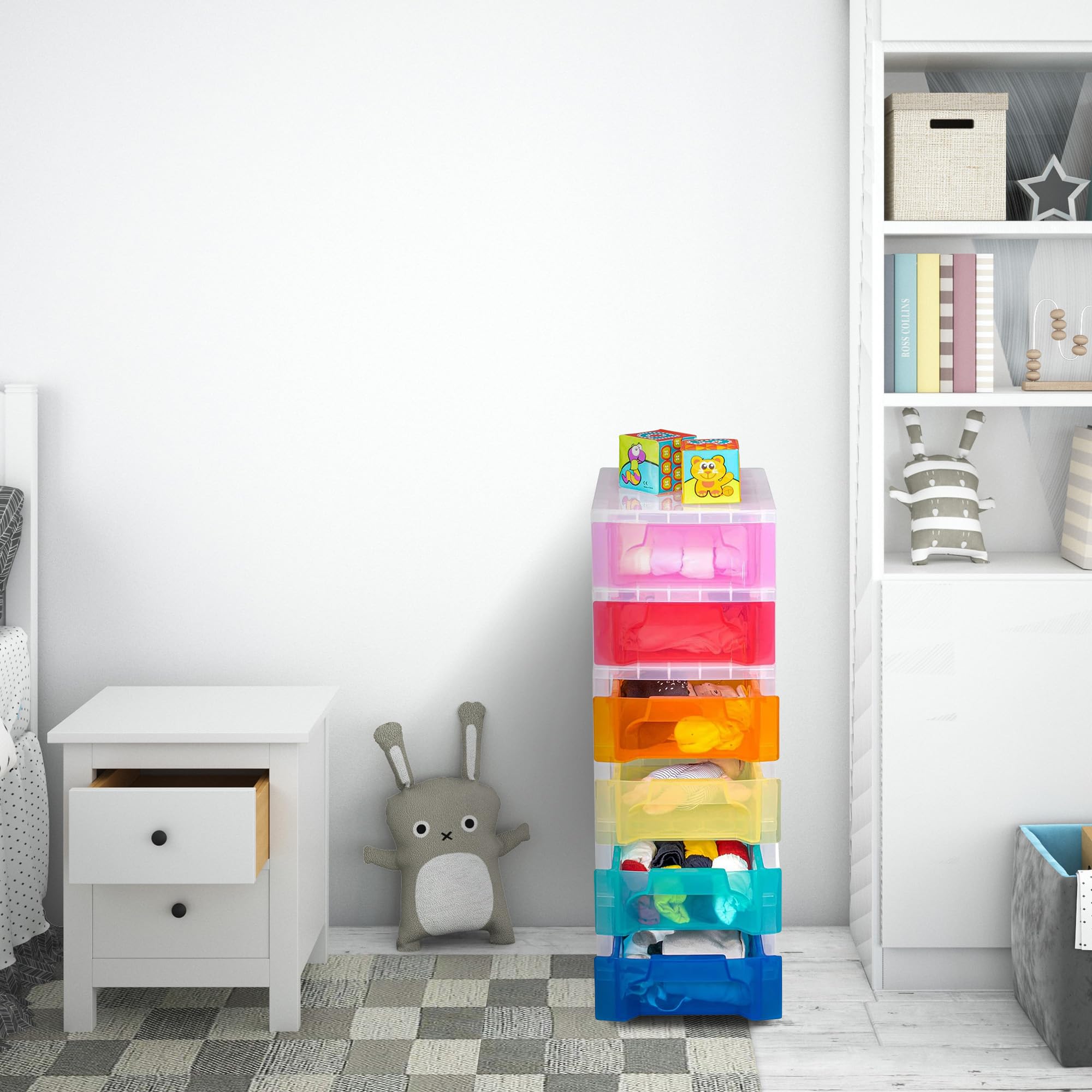 Really Useful Box 6-Drawer Cart Organizer, Plastic Storage Drawers, Home Storage Organizer with Removable Castor Wheels, Rainbow