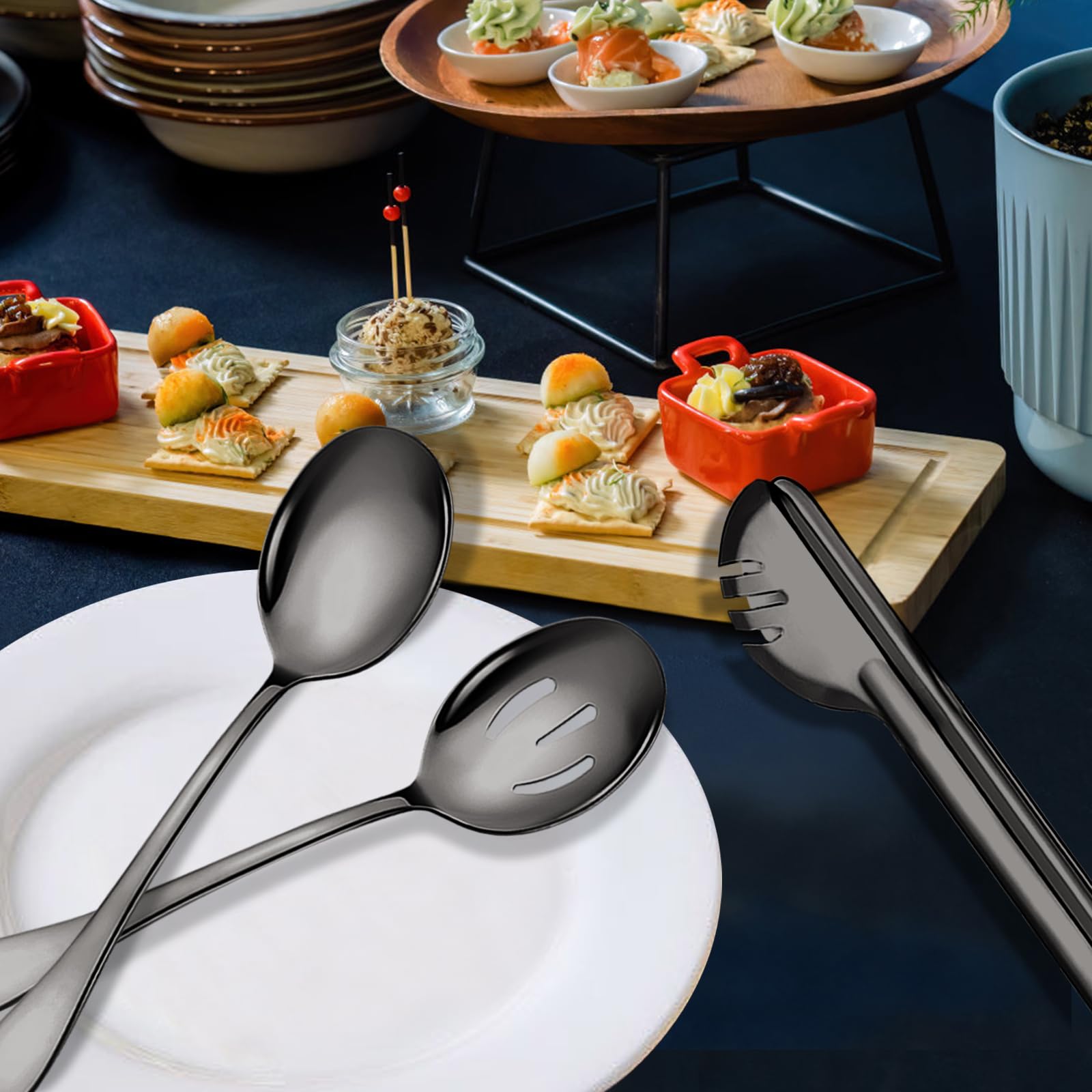 Large Stainless Steel Serving Utensils Set 15 Pcs with 10" Serving Spoon,10" Slotted Spoons,10" Serving Forks,9.5" Serving Tongs,Soup Ladle,Pie Server,Cake/Butter Knife for Buffet/Parties