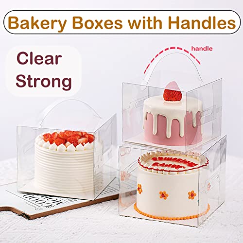DNPHRPY 6X6X6 Inches 20pcs Clear Cake Boxes with Handles & Cake Boards, Bakery Box with Handles for Mother's Day Gifts, Desserts, and Cupcakes, Disposable Bakery Containers, 1 Ribbon & 4 Stickers