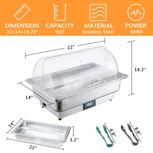 Electric Chafing Dish 9 QT Adjustable 0°C~100°C Roll Top Full Size Auto ShutOff Stainless Steel Buffet Servers and Warmers, Temp Display Programmable Food Warmer Transparent Lid Chafers for Catering