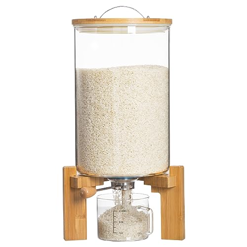 HBlife Glass Rice Dispenser with Wooden Stand Flour and Cereal Container with Glass Measuring Cup Pantry Food Organization Storage Bin with Airtight Bamboo Lid, 8L