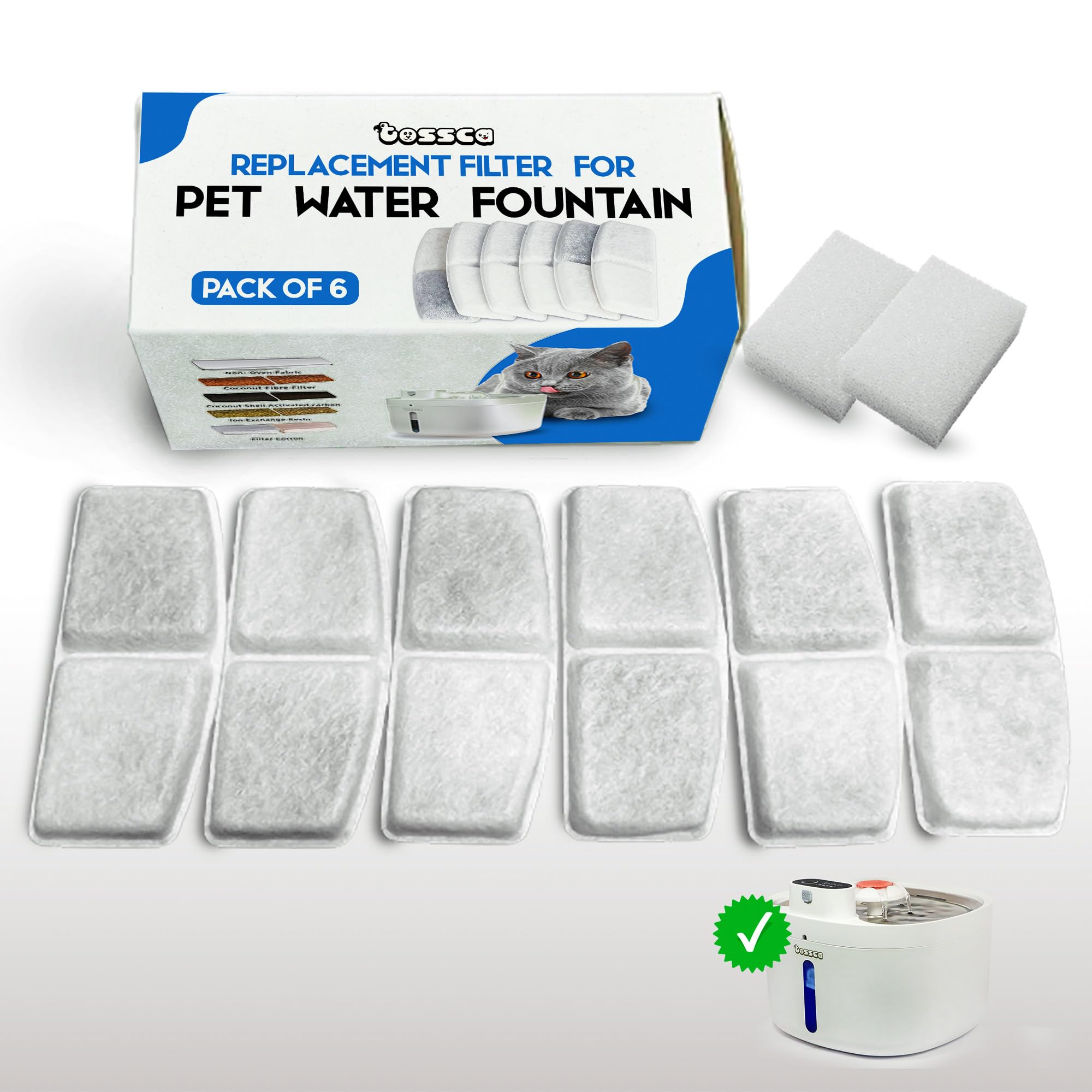 Replacement Filter for Tossca Pet Water Fountain | Advanced Filtration Pack of 6 Filters and 2 Sponges