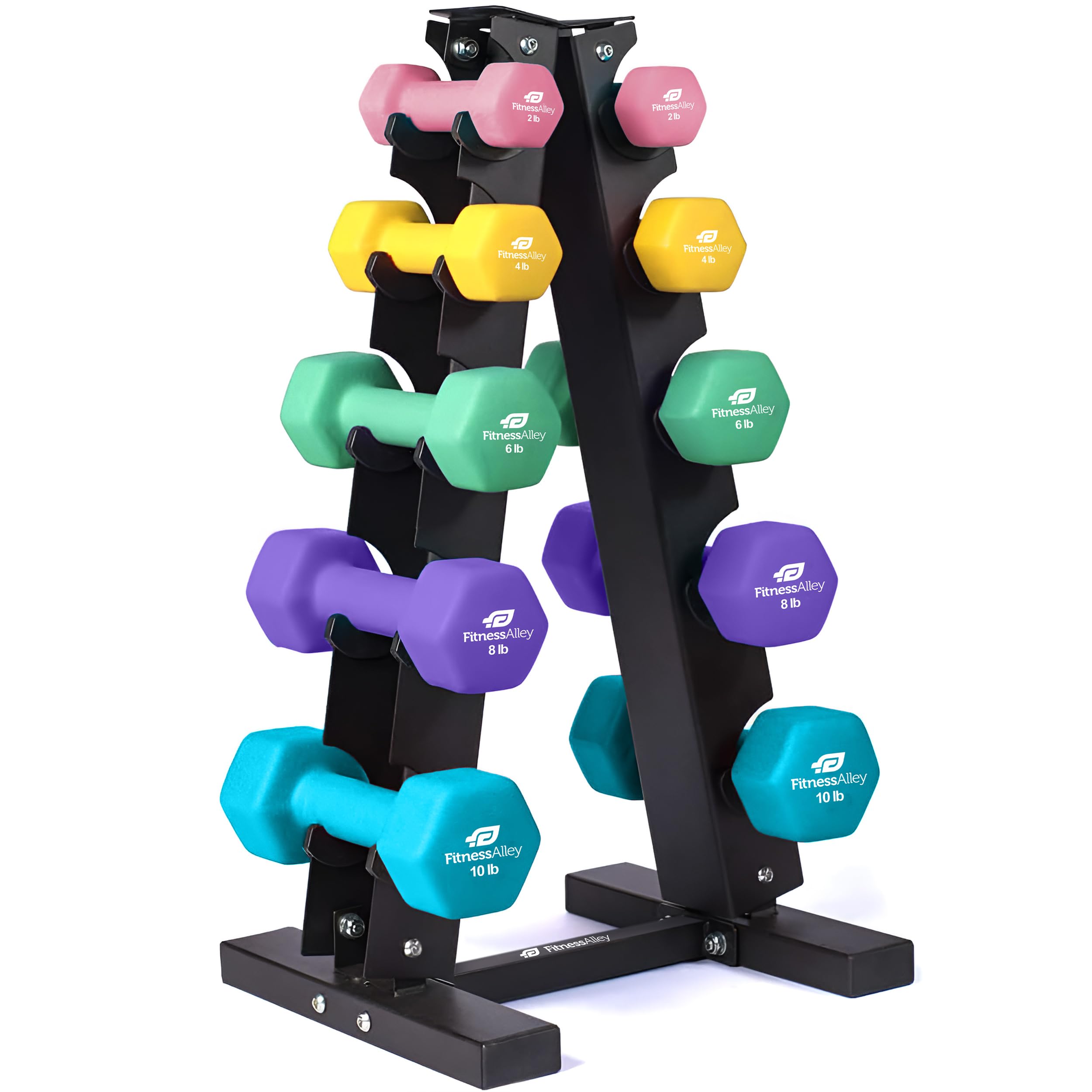 Fitness Alley Neoprene Dumbbell 5 Tier Rack & 5 Pairs Set (2,4,6,8,10 Lbs) Coated for Non Slip Grip - Hex Dumbbells Weight Set - Neoprene Hand Weight Pairs - Hex Hand Weights Neoprene Dumbbells Combo