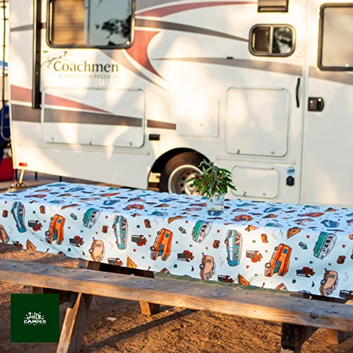 Jolly Camper Vintage Style Camping Tablecloth, Picnic Tablecloth, Fits 4ft to 8ft Picnic Tables, Polyester, Washable & Reusable, Spill & Stain Resistant, Water Repellent, Table Cloth for Picnic Table