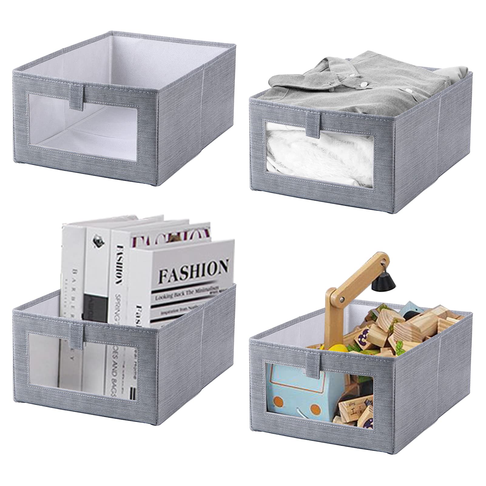 FITY Foldable fabric storage box,storing clothes,toys,books,office supplies,with transparent window,suitable for children's room,bedroom,closets,office storage cabinets,4 PCS (light gray) (Large)