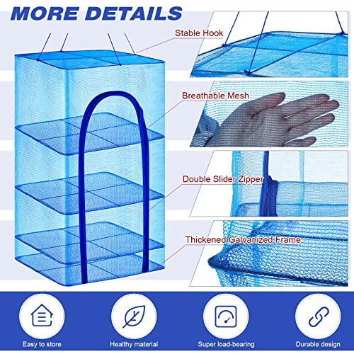 Cunno 4 Pcs Herb Drying Rack 4 Layer Hanging Drying Net Folding Fish Mesh with Zippers Non Toxic Nylon Netting for Fish Vegetables Meat Herb Fruit Plants Net Dry Cage, Blue, 13.8 x 13.8 x 25.6 Inch