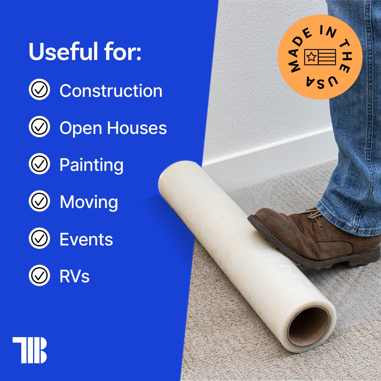Carpet Protector Film 30" x 200' roll. Made in The USA! Easy Unwind, Clean Removal, Strong and Durable Carpet Protector. Clear, Self-Adhesive Surface Protective Film.