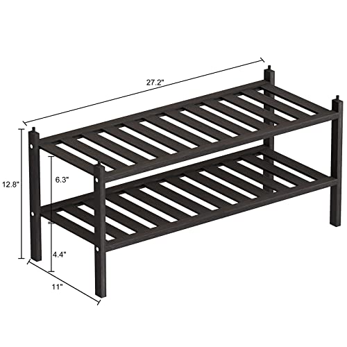 Dranixly Shoe Rack, 2-Tier Bamboo Stackable Shoe Shelf Storage Organizer, Shoe Stand for Closet, Entryway and Hallway (Black)