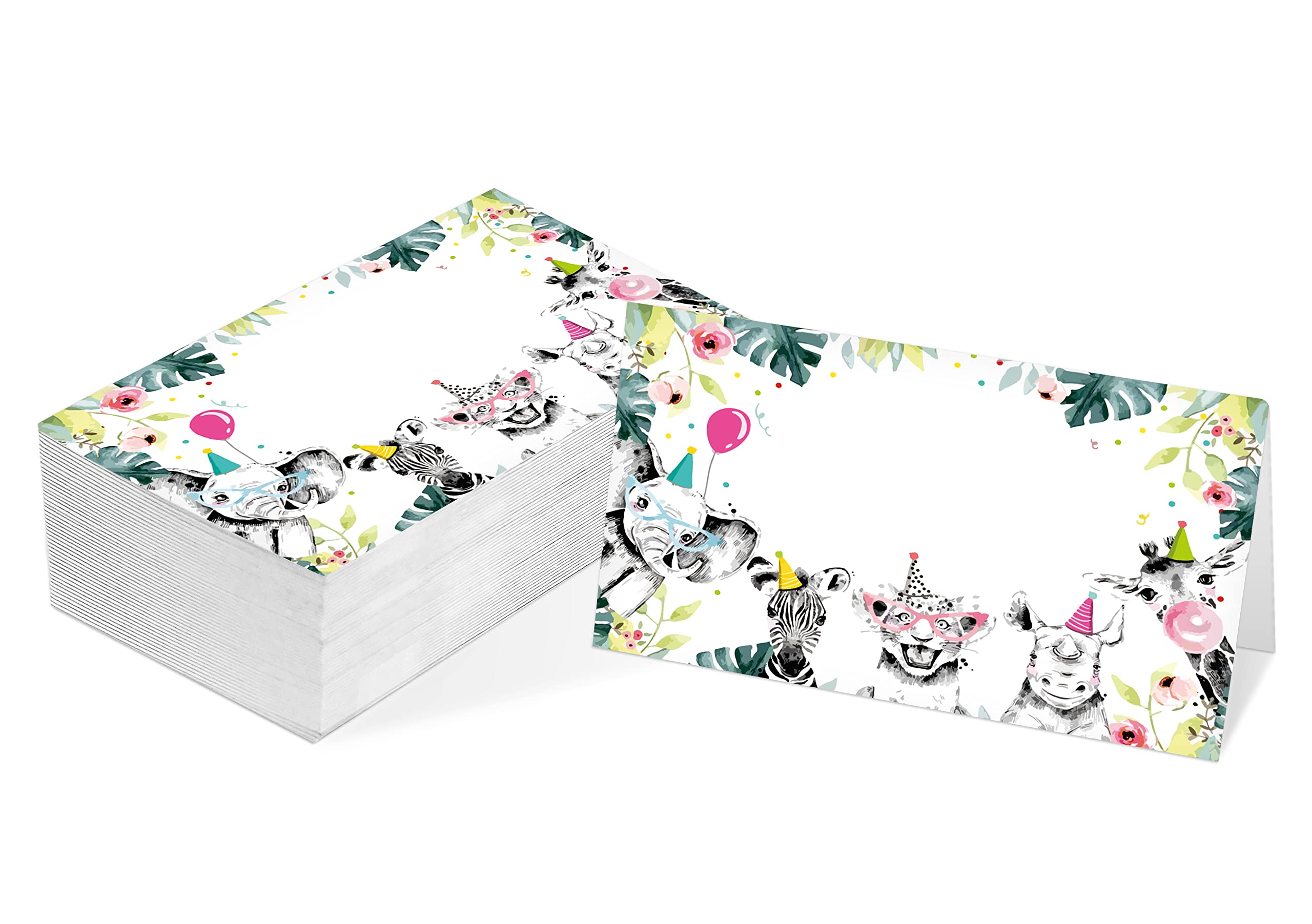 Table Place Card, Jungle Safari Animals Themed Tent Style Cards, Pack of 25 Half-Fold Reception Place Card, Wild Animal Food Labels, Perfect for Baby Shower, Birthday Party(C02)