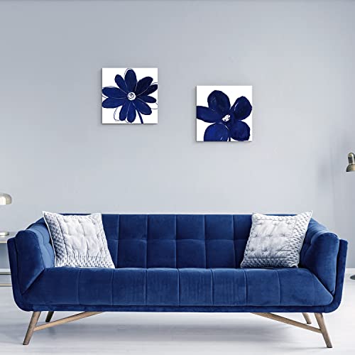 Creoate Navy Blue Wall Art for Bathroom Decor, 2 Pieces Abstract Flower Painting Canvas Print Artwork Framed Set Blue and white Wall Decor for Bedroom…