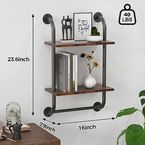 FLYJOE 2 Tier Bathroom Shelves with Towel Bar, Rustic Wall Mounted Industrial Pipe Shelving, Floating Shelves for Wall Decor & Storage for Bathroom Kitchen Living Room 23.6 x 16 Inch - Rustic Brown