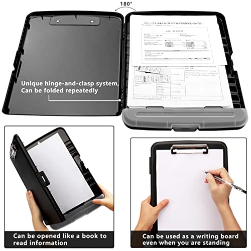 Clipboard with Storage, A4 Binder Clipboards with Pen Holder,Heavy Duty Plastic Storage Clipboard with Low Profile Clip,Nursing Clipboard Folder Side-Opening,Smooth Writing Clip Board for Office-Black