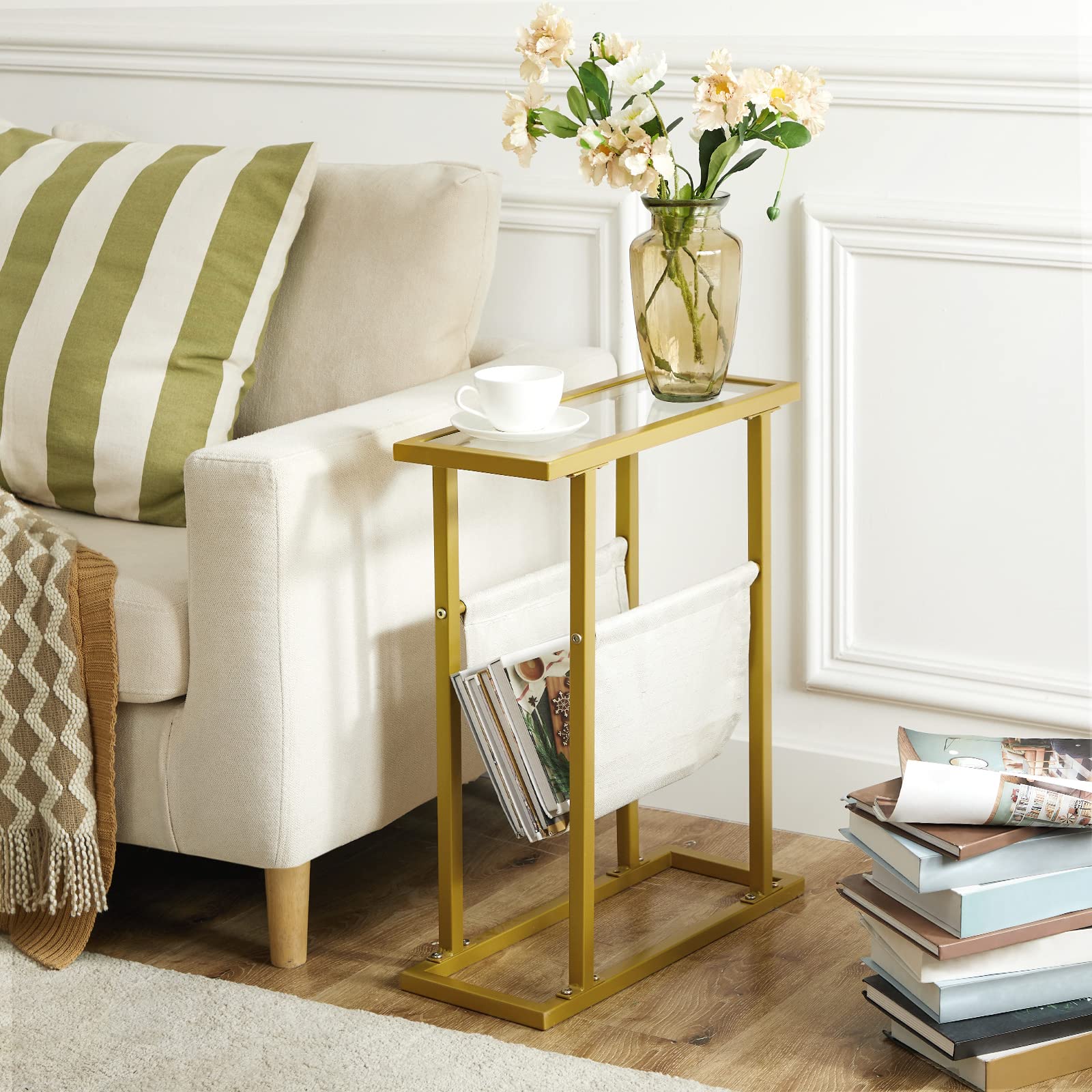 HOOBRO Narrow End Table, Tempered Glass Side Table, Small Nightstand, Bedside with Storage Holder, Coffee Table for Small Spaces, Bedroom, Living Room, Easy Assembly, Sturdy, Gold GD78BZ01