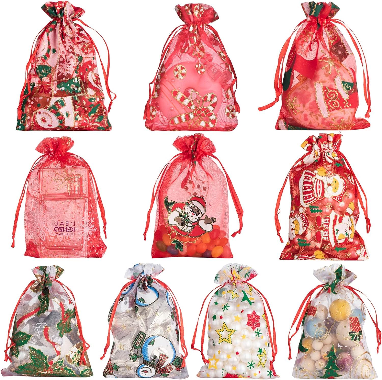 GoClimber 50 PCS 4x6 Inches Mixed Color Christmas Organza Gift Bags with Drawstring, Jewelry Candy Bags for Christmas