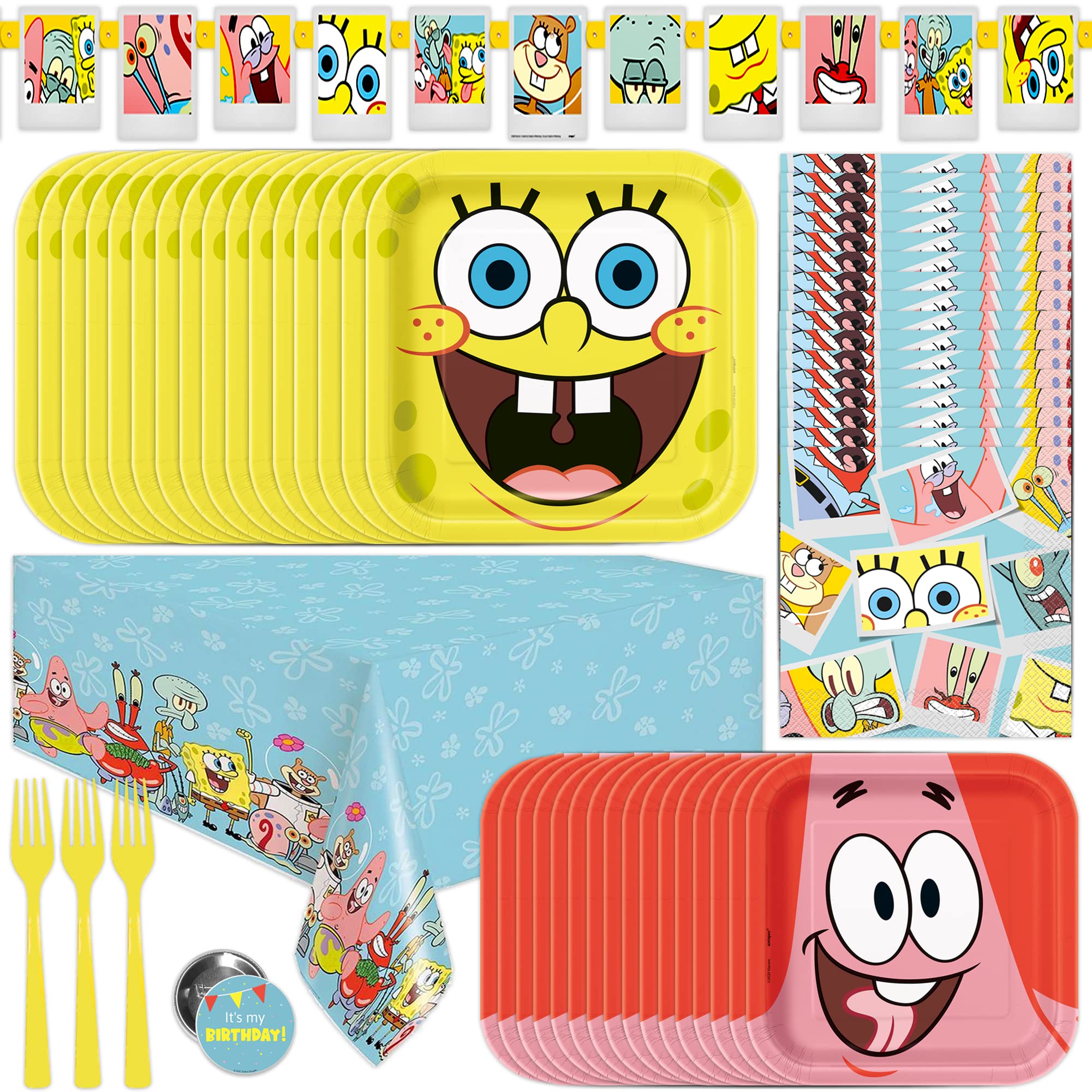 Unique Spongebob Birthday Decorations | Spongebob Party Decorations | Spongebob Party Supplies | Serves 16 Guests | With Banner, Spongebob Tablecloth, Dinner & Cake Plates, Napkins, Forks, Button
