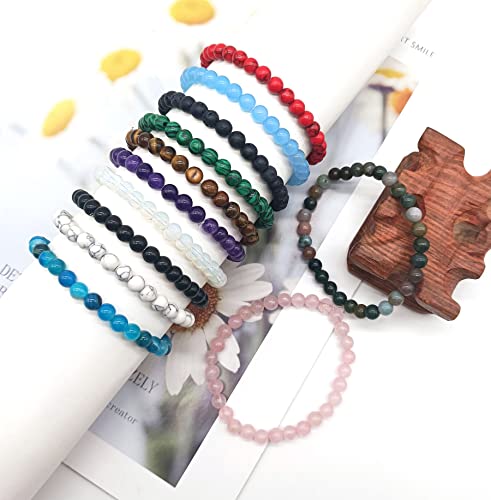Jewdreamer 12PCS 6mm Gemstones Bracelets for Women Semi Precious Healing Crystal Stone Stretch Round Beaded Bracelet Handmade Energy Bracelets adjustable