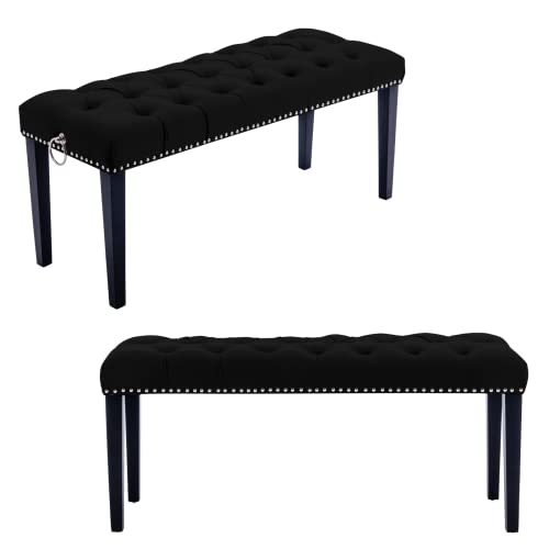 HEAH-YO Modern Velvet Tufted Bench, 18" Seat Height Upholstered Ottoman Dining Bench with Pull Rings, Nailhead Trim Footstool for Entryway Bedroom Kitchen Dining Table, Black