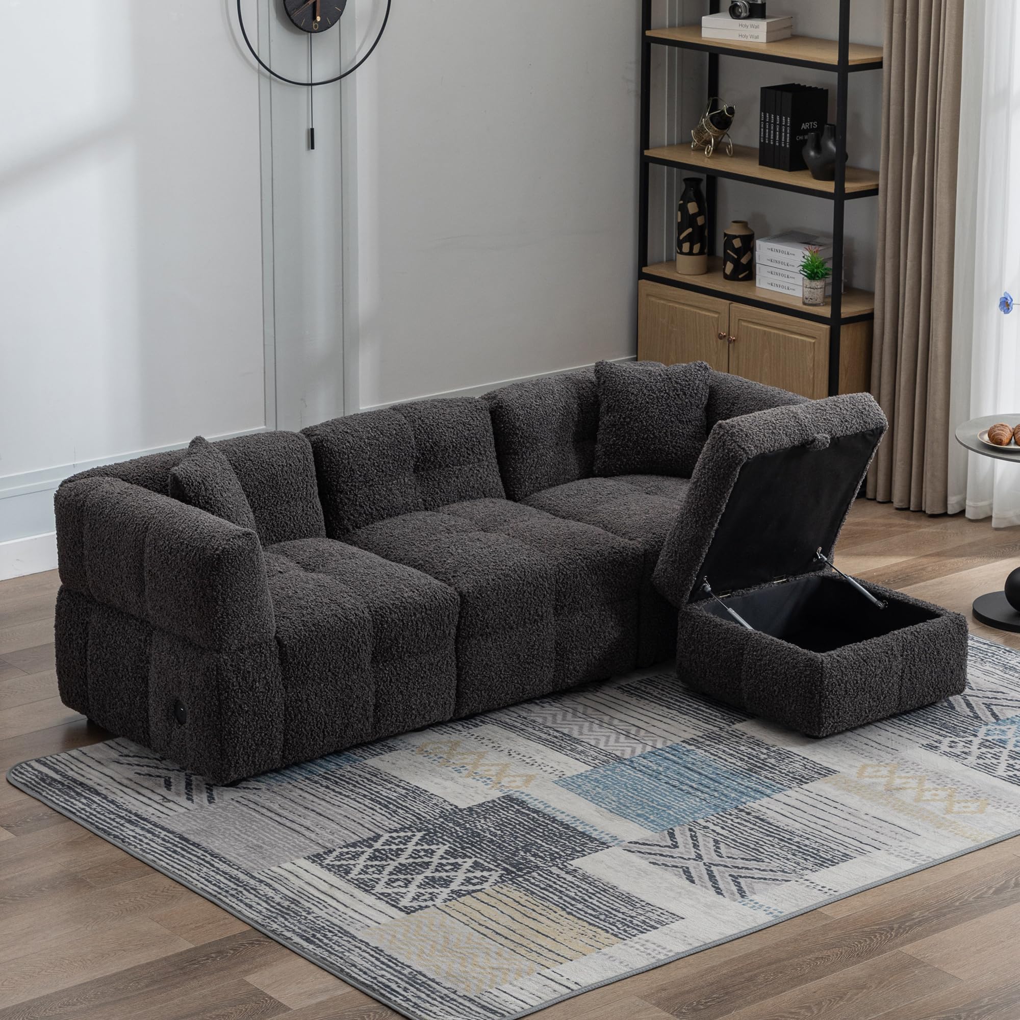 Convertible Sectional Sofa Teddy Fleece Fabric Couch with 2 USB Ports 1 Movable Storage Ottoman and 2 Lumbar Pillows