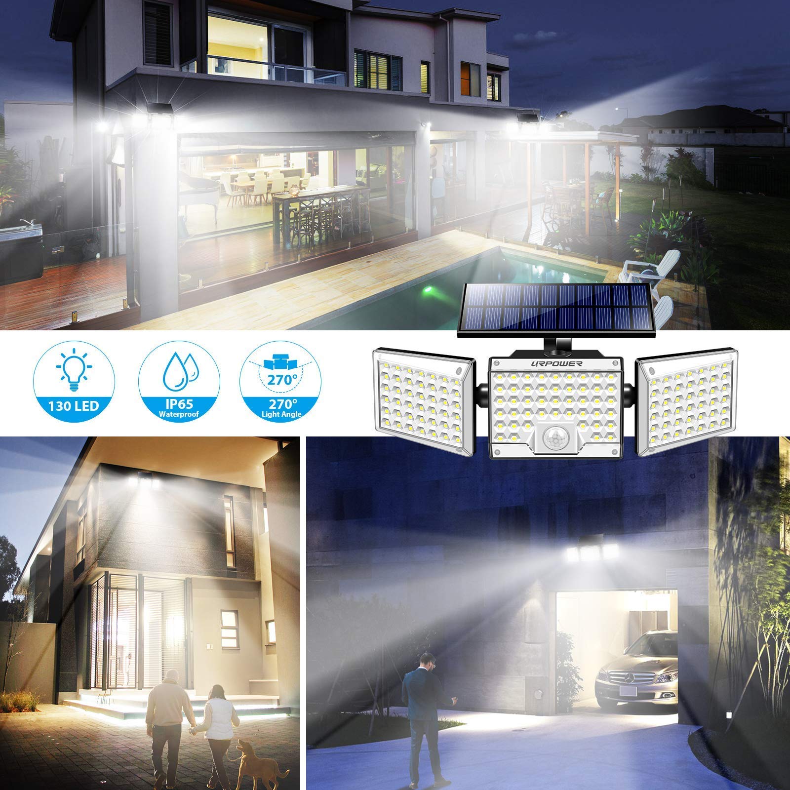 URPOWER 2-in-1 Waterproof 4 LED Solar Spotlight Adjustable Wall Light Landscape Light & 1000LM 130 LED Solar Motion Sensor Lights, 3 Adjustable Heads Solar Flood Lights for Patio,Garden(4pack+1pack)