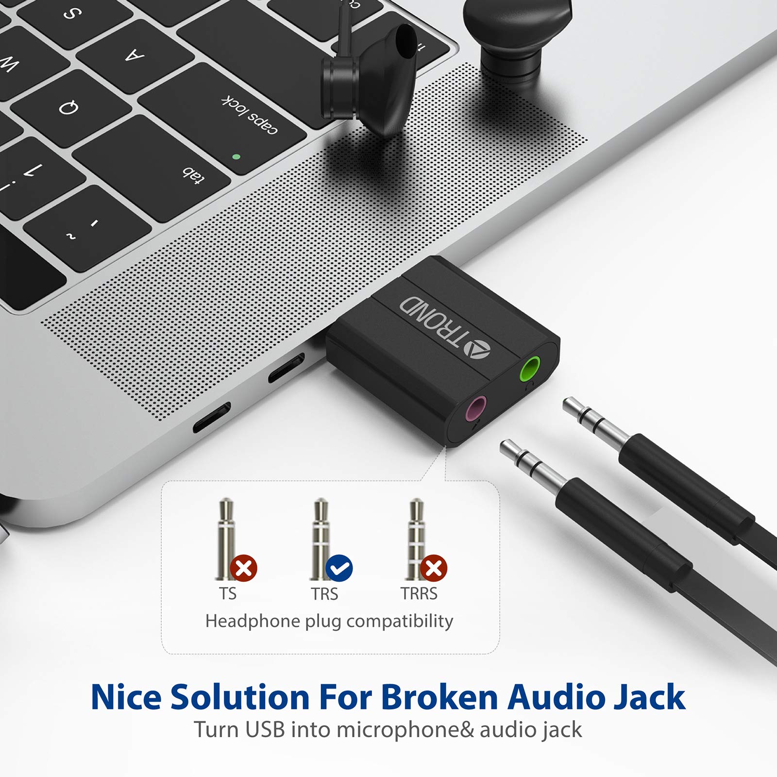 TROND Aluminum External USB Audio Adapter Sound Card with 3.5mm Stereo Headphone and Mono Microphone Jacks, C-Media CM100B Chipset, Compatible with PS5 PS4 Windows Mac Linux PC Laptop Desktop, Black