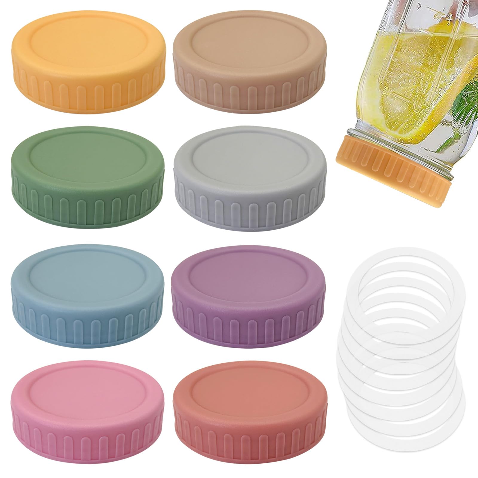 CJPSL Plastic Mason Jar Lids (8PCS) - Macaron Color Mason Jar Lids for Mason Jars, Ball Jars, Kerr Jars, etc. with Silicone Ringsļ¼Thickened and leakproof, Reusable Jar Lid Tops. (Regular mouth 70 mm)