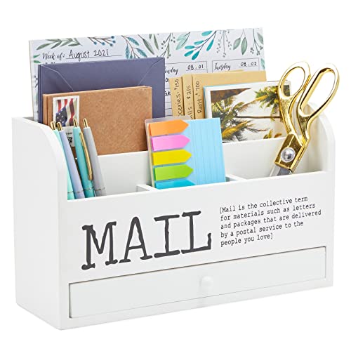 Juvale White Mail Organizer for Desktop, Wooden Mail Sorter Storage Box for Countertop, Home Office, Farmhouse-Style 3-Tier Holder with Drawer for Files, Bills and Letters (11 In)