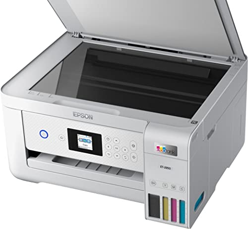 Epson EcoTank ET-2850 Wireless Color All-in-One Cartridge-Free Supertank Inkjet Printer, White - Print Scan Copy - 1.44" LCD Display, 10 ppm, 4800 x 1200 dpi, 2-Sided Printing, Voice-Activated