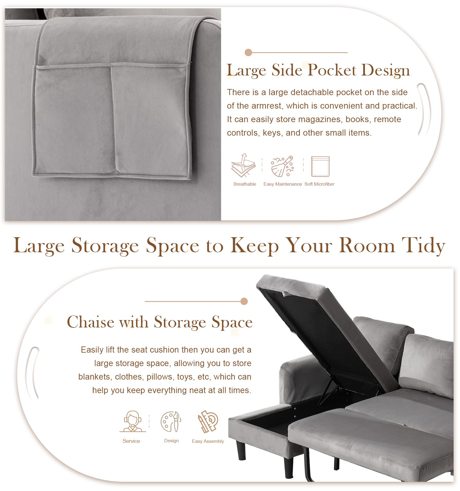 Modern Velvet Pull Out Sleeper Sofa Bed with Chaise, Comfy L Shaped Convertible Couch with Storage and Pocket, Sectional 3 Seat Couch for Living Room Furniture or Office, Smooth Back - Light Gray