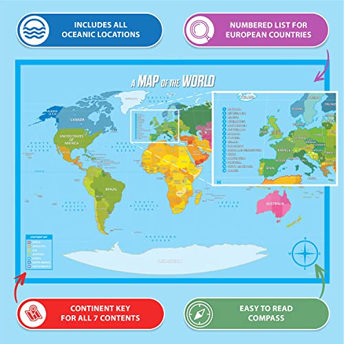 Classroom Wall Posters - Solar System, Periodic Table, World Map & USA Maps for Kids - Visual Learning Aid for Children and Schools - Laminated & Durable