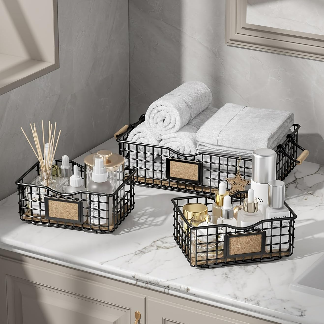 Qcold Bathroom Organizers and Storage, 3 Pack Storage Baskets for Shelves, Multipurpose Closet Storage Bins with Wooden Handle, Decor Organizer Basket Set for Bathroom, Laundry, Living Room - Black