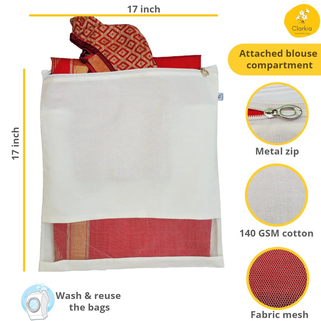 Clarkia Reusable Cotton Saree Cover with Blouse compartment big size for Storage, Wardrobe Organizer bags saree bags cotton (17x17 inches, Beige) (12)