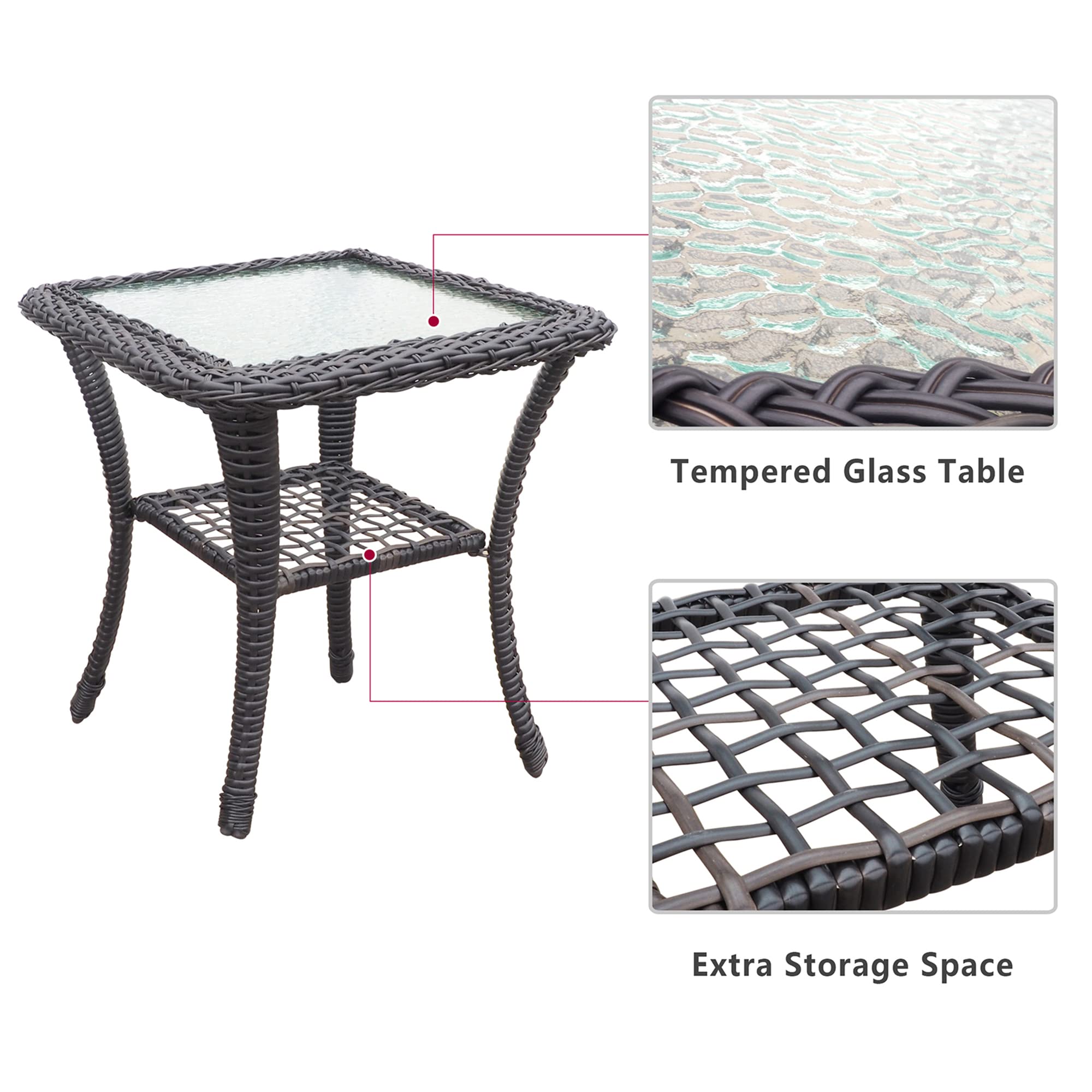 Flymatic 3 Pieces Outdoor Wicker Rocking Chair Set, Rattan Patio Rocker Chairs Set with Cushions and Glass-Top Coffee Table