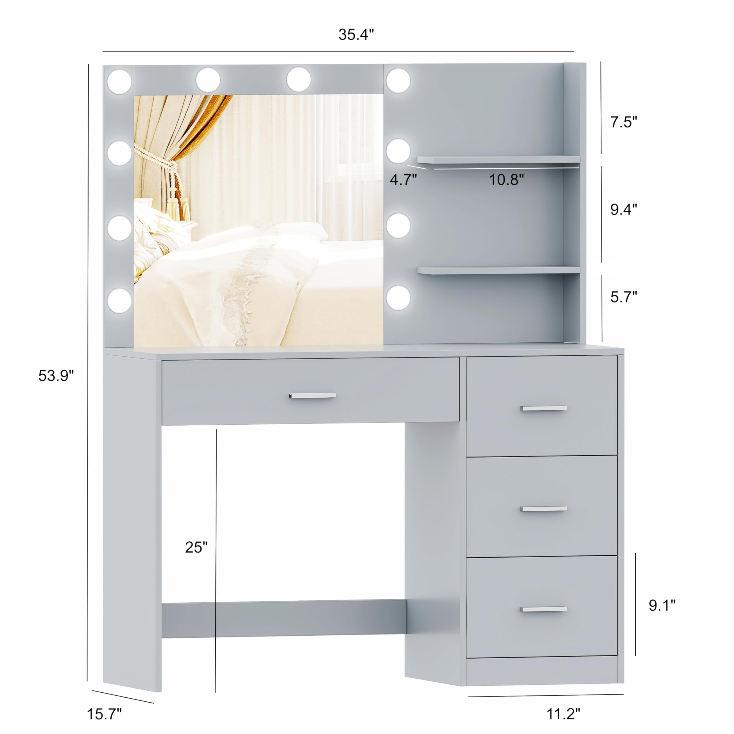 Rovaurx Makeup Vanity Table with Lighted Mirror, Makeup Vanity Desk with Storage Shelf and 4 Drawers, Bedroom Dressing Table, 10 LED Lights, Gray