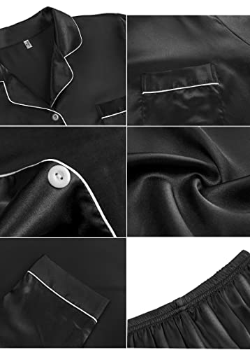 Fivali Womens Silk Satin Pajamas Long Sleeve Pj Set Two-piece Sleepwear Silky Button-down Nightwear Soft Loungewear Sets, XXL Black