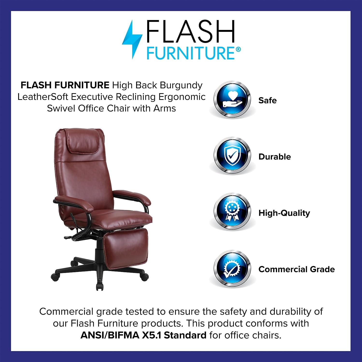 Flash Furniture Robert High Back Burgundy LeatherSoft Executive Reclining Ergonomic Swivel Office Chair with Arms