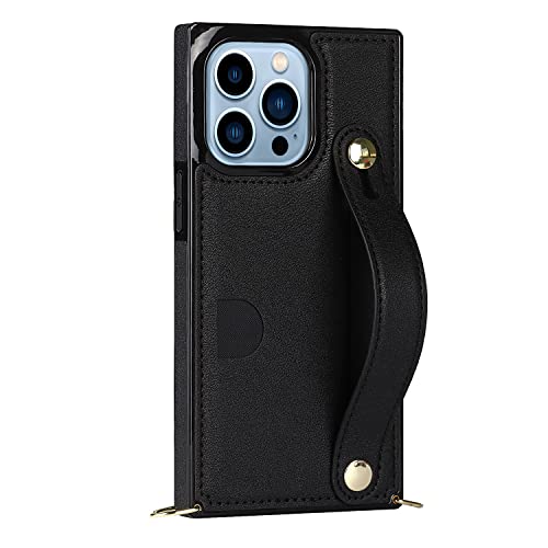 CCSmall for iPhone 13 Mini Wallet Case for Women,Removable Adjustable Strap Crossbody Card Holders Cover Neck Strap Lanyard Purse Shoulder Strap Kickstand Purse Case for iPhone 13 Mini KB Black