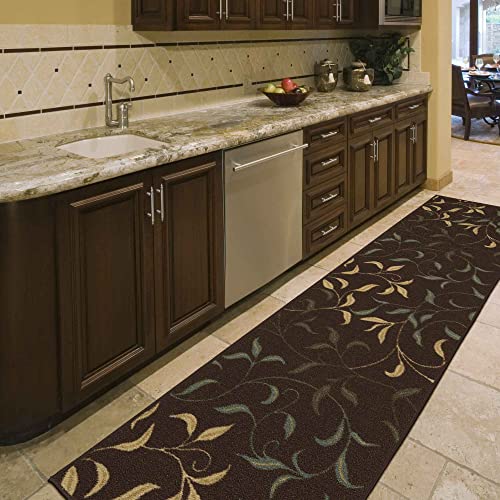 Machine Washable Leaves Design Non-Slip Rubberback 3x10 Traditional Runner Rug for Hallway, Kitchen, Bedroom, Living Room, 2'7" x 9'10", Brown