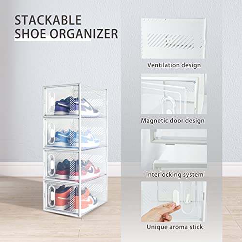 Hrrsaki 8 Pack X-Large Shoe Storage Boxes, Shoe Boxes Clear Plastic Stackable, Shoe Organizer Boxes with Front Opening Lids, Ventilation and Dust-proof, Shoe Container Boxes for Closet, Bedroom, Bathroom, Fit for Women/Men Size 14(14β x 11β x 8.3β) (white